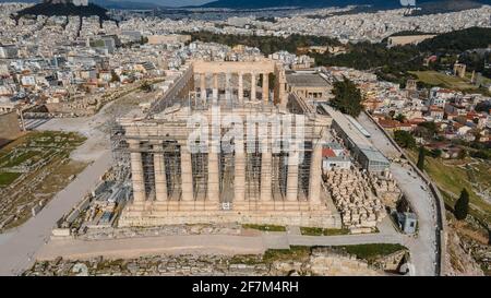 Sunset Parthenon drone aerial view, Acropolis, cityscape of historical ...