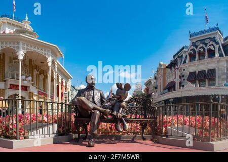 Statues of Walt Disney and Mickey mouse at Walt Disney's Magic Kingdom ...
