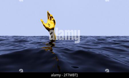 Surreal vaporwave concept with golden hand gesturing from underwater ...