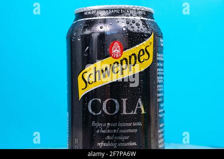 Tyumen, Russia-December 10, 2020: Yellow Schweppes tonic water can logo ...