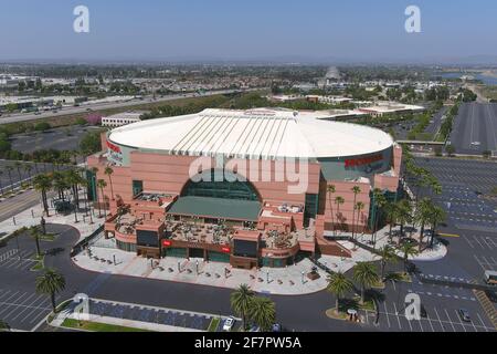 An aerial view of the Honda Center, Thursday, April 8, 2021, in Anaheim ...