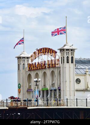 Brighton UK 9th April 2021 - Flags flying at half mast at Brighton War ...