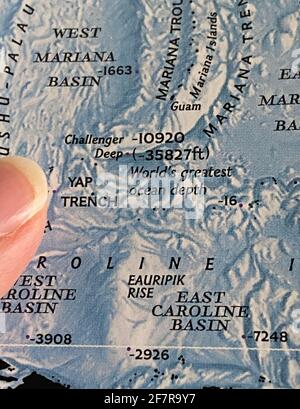 Map showing location of Challenger Deep in the Mariana Trench, deepest ...