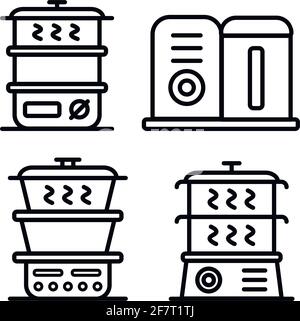 Cooking steamer icon set. Outline set of cooking steamer vector icons neon color on black Stock ...