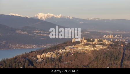 Aerial view of Simon Fraser University, SFU, on Burnaby Mountain Stock ...