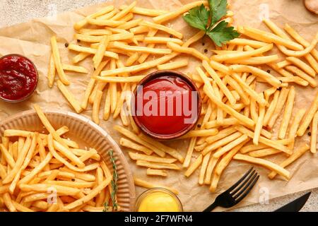 French fries scattered on table Stock Photo - Alamy