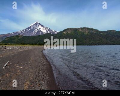 view towards Lanin volcano from Tromen lake, andes mountains of ...