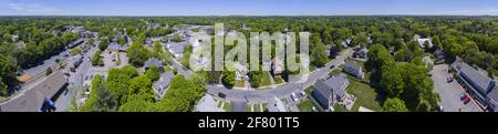 Aerial view of Medfield historic town center and Main Street in summer ...