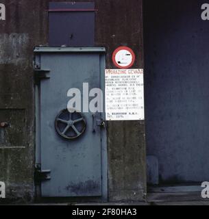 Warning sign "Hydrazine danger" on plane shelter from Leeuwarden ...