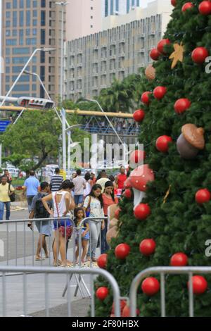 Christmas lighting is seen near a shopping mall in Warsaw, Poland on 16 ...