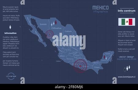 Infographics Mexico map, flat design colors, with names of individual ...