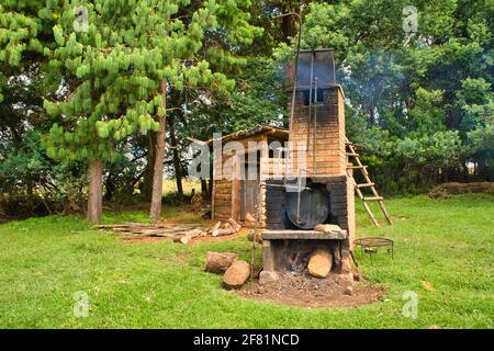 Nyika, Malawi, March 2016: Outdoor wood stove heating water for off ...