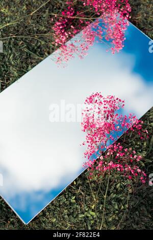 Amazing flat lay of a mirror on the grass, where you can see the clouds ...