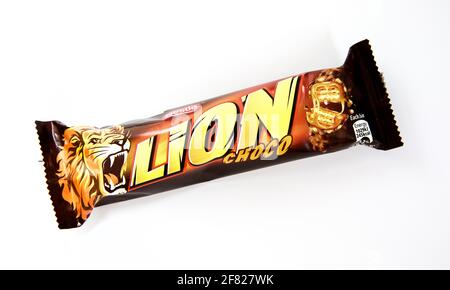 Nestle Lion choco chocolate bar isolated on white background Stock ...