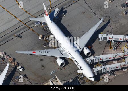 Aerial view of Japan Airlines Boeing 787 Dreamliner JA821J with taxiway ...
