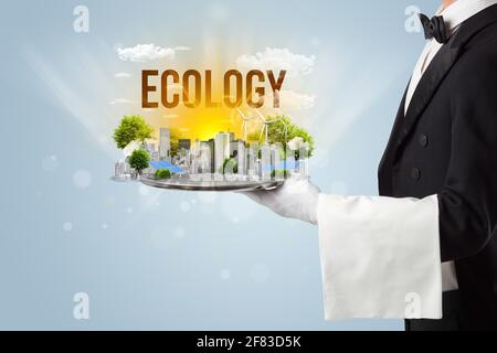 Waiter serving eco cityscape concept Stock Photo - Alamy