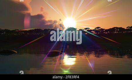 Beautiful sunset over the tropical lagoon, illustration 3d rendering ...
