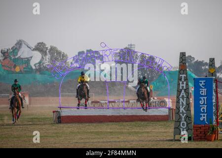 Nepali mounted soldiers perform horse riding skills during the ...