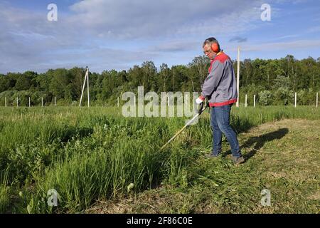 Man mowing tall grass with string trimmer in field, landscape ...
