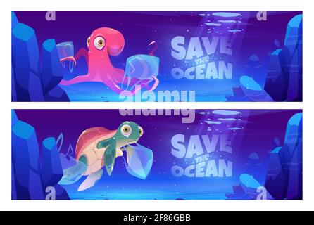 Sea bottom covered with garbage. Vector cartoon illustration of scared ...