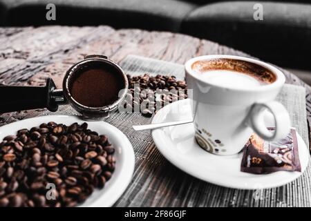 VALENCIA, SPAIN - Mar 31, 2021: Full breakfast at an oak table, with ...