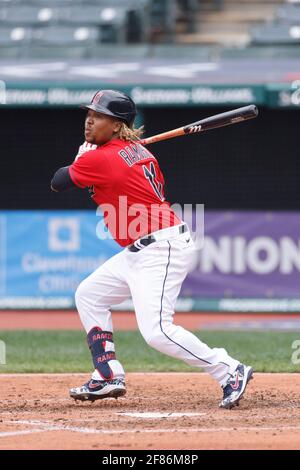 Cleveland Indians' Jose Ramirez bats against the New York Yankees in a ...