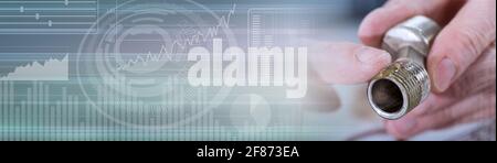 Plumber putting sealing paste on a thread, closeup. panoramic banner ...