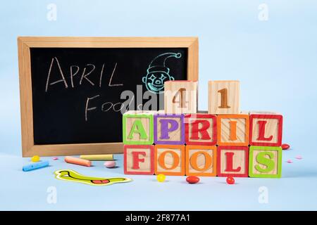 Closeup of a board with an "April Fools Day" message on a colorful ...