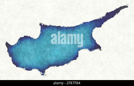 Cyprus map with drawn lines and blue watercolor illustration Stock ...