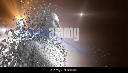 Computer generated human dissolving into pieces over blue background ...