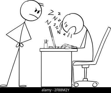 Cartoon employee sleeping at work with his boss stand behind Stock ...