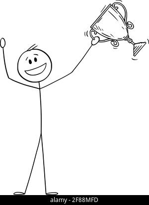 Person Celebrating with Victory Trophy Cup, Vector Cartoon Stick Figure ...
