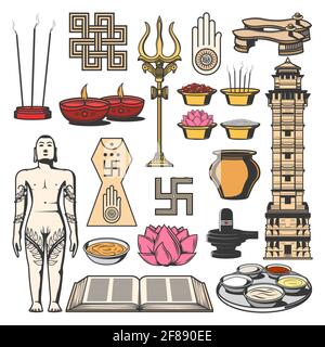 Jainism religion symbol, diya lamps in Jain religious ceremony, vector ...