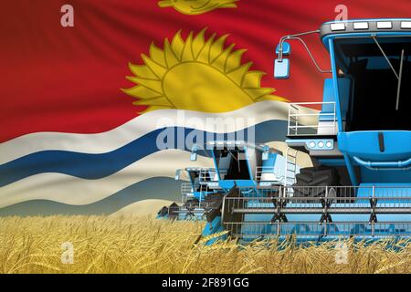 three blue modern combine harvesters with Thailand flag on rye field ...