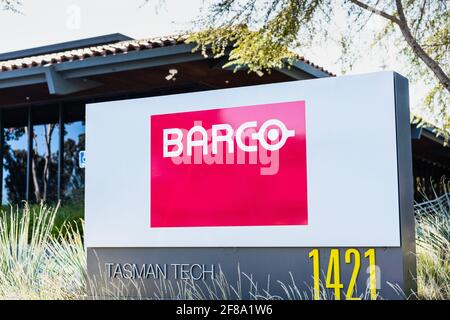 Barco sign logo at company headquarters in Silicon Valley.Barco NV is a ...