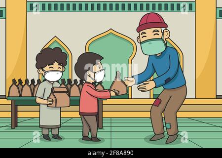 Children Giving Sadaqah to Poor People. Character Illustration. Vector ...