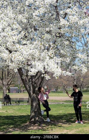 A man takes photos as a woman poses near wings-shaped neon lights ...