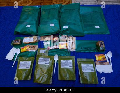 Military nutrition kit for soldiers, daily ration. Biscuits, canned ...