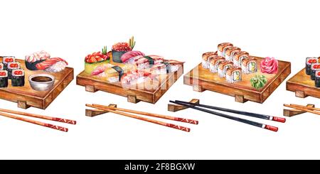 Seamless border with japanese cuisine rolls on board with chopsticks ...