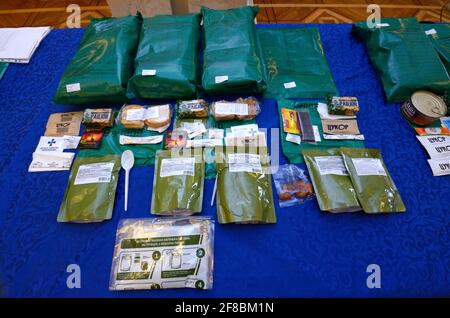 Military nutrition kit for soldiers, daily ration. Biscuits, canned ...