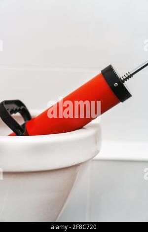 Professional force pump cleaner in toilet bowl Stock Photo - Alamy