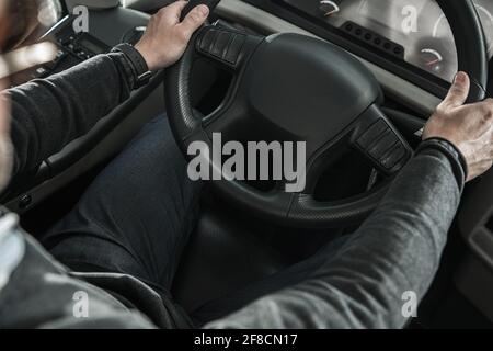 Driver Behind Large Coach Bus Steering Wheel Top View. Commercial ...