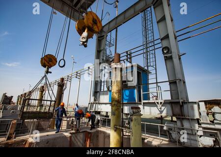 Panorama of hydroelectric power plant and Shardara river, water storage ...
