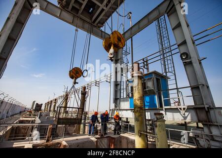 Panorama of hydroelectric power plant and Shardara river, water storage ...