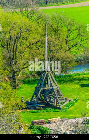 A trebuchet at the outdoor Medieval Centre in Nykøbing Falster, Denmark ...