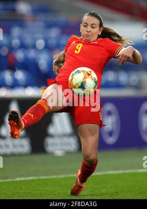 Cardiff, Wales. 13 April, 2021. Assistant Referee Emily Carney warming ...