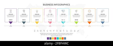 Line cards with 7 steps, arrows. Rectangular infographic. Frames ...