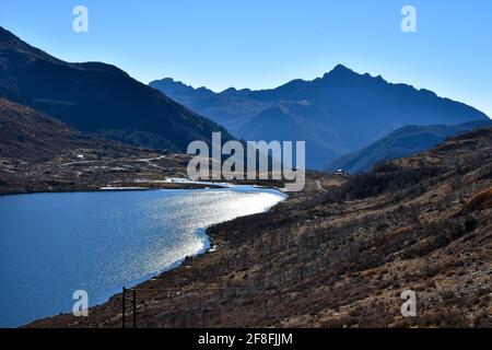 Picturesque view of blue lake Changgu in Himalayan mountain of Sikkim ...