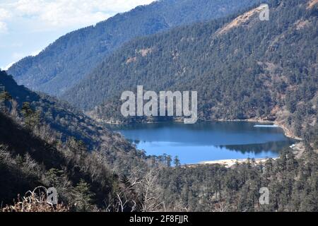 Picturesque view of blue lake Changgu in Himalayan mountain of Sikkim ...