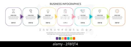Line cards with 7 steps, arrows. Rectangular infographic. Frames timeline data vector template ...